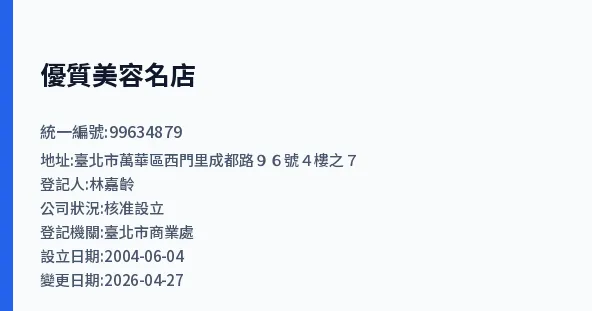 優質美容名店的照片-統編 99634879(臺北市) 公司登記資料與營業項目詳細圖表