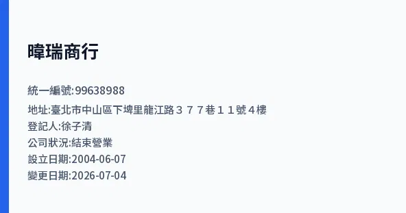 暐瑞商行的照片-統編 99638988(臺北市) 公司登記資料與營業項目詳細圖表