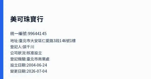 美可珠寶行的照片-統編 99644145(臺北市) 公司登記資料與營業項目詳細圖表