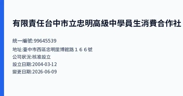 有限責任台中市立忠明高級中學員生消費合作社的照片-統編 99645539(臺中市) 公司登記資料與營業項目詳細圖表