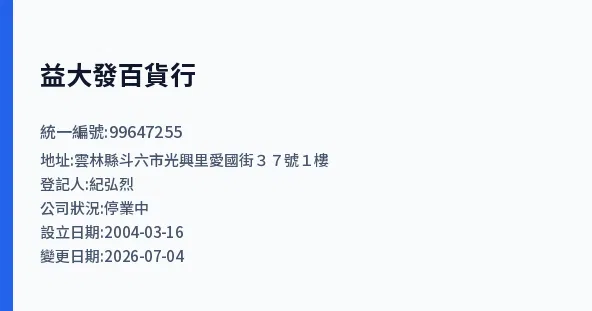 益大發百貨行的照片-統編 99647255(雲林縣) 公司登記資料與營業項目詳細圖表