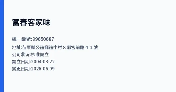富春客家味的照片-統編 99650687(苗栗縣) 公司登記資料與營業項目詳細圖表