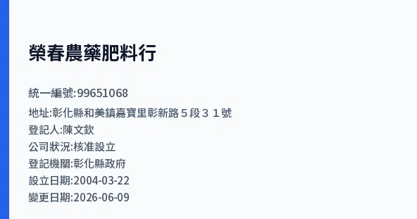榮春農藥肥料行的照片-統編 99651068(彰化縣) 公司登記資料與營業項目詳細圖表