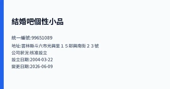 結婚吧個性小品的照片-統編 99651089(雲林縣) 公司登記資料與營業項目詳細圖表