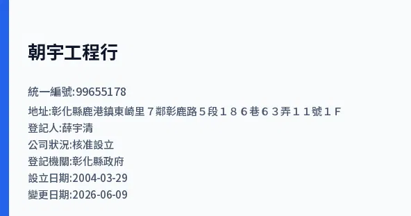 朝宇工程行的照片-統編 99655178(彰化縣) 公司登記資料與營業項目詳細圖表