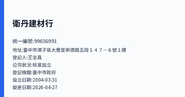 衛丹建材行的照片-統編 99656991(臺中市) 公司登記資料與營業項目詳細圖表