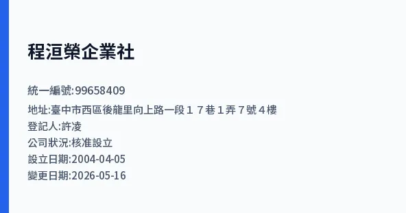 程洹榮企業社的照片-統編 99658409(臺中市) 公司登記資料與營業項目詳細圖表