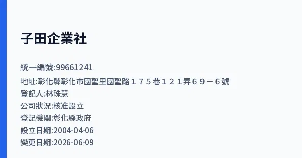 子田企業社的照片-統編 99661241(彰化縣) 公司登記資料與營業項目詳細圖表