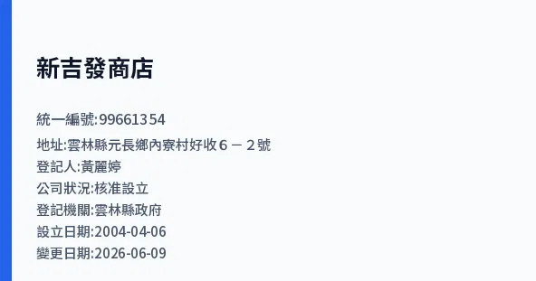 新吉發商店的照片-統編 99661354(雲林縣) 公司登記資料與營業項目詳細圖表