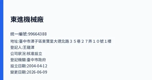 東進機械廠的照片-統編 99664388(臺中市) 公司登記資料與營業項目詳細圖表