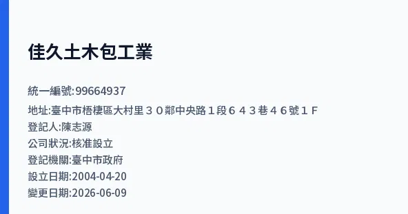 佳久土木包工業的照片-統編 99664937(臺中市) 公司登記資料與營業項目詳細圖表