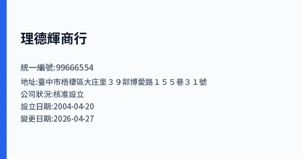 理德輝商行的照片-統編 99666554(臺中市) 公司登記資料與營業項目詳細圖表