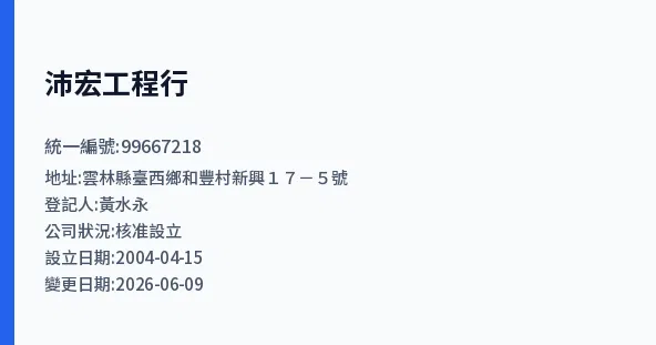 沛宏工程行的照片-統編 99667218(雲林縣) 公司登記資料與營業項目詳細圖表