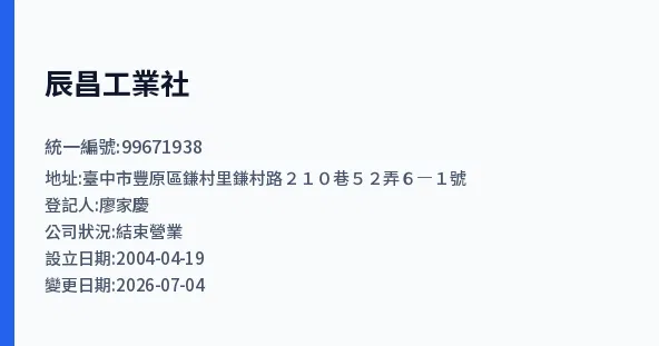 辰昌工業社的照片-統編 99671938(臺中市) 公司登記資料與營業項目詳細圖表