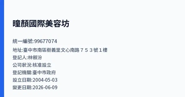 曈顏國際美容坊的照片-統編 99677074(臺中市) 公司登記資料與營業項目詳細圖表