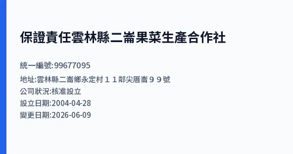 保證責任雲林縣二崙果菜生產合作社的照片-統編 99677095(雲林縣) 公司登記資料與營業項目詳細圖表