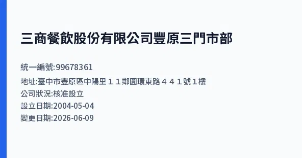 三商餐飲股份有限公司豐原三門市部的照片-統編 99678361(臺中市) 公司登記資料與營業項目詳細圖表