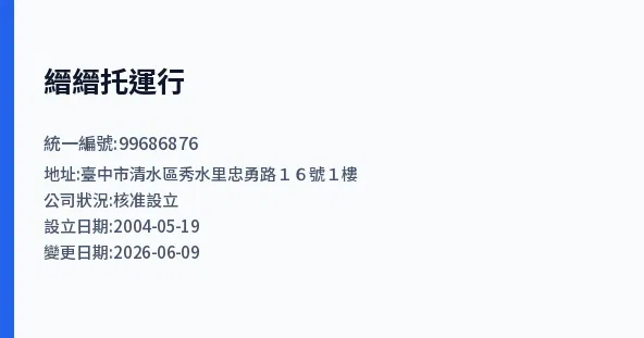 縉縉托運行的照片-統編 99686876(臺中市) 公司登記資料與營業項目詳細圖表