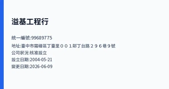 溢基工程行的照片-統編 99689775(臺中市) 公司登記資料與營業項目詳細圖表