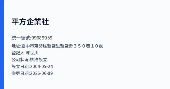 平方企業社的照片-統編 99689959(臺中市) 公司登記資料與營業項目詳細圖表