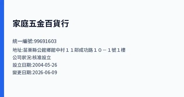 家庭五金百貨行的照片-統編 99691603(苗栗縣) 公司登記資料與營業項目詳細圖表