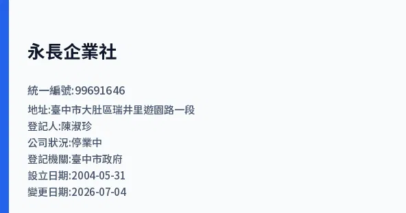 永長企業社的照片-統編 99691646(臺中市) 公司登記資料與營業項目詳細圖表