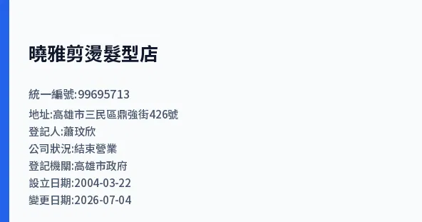 曉雅剪燙髮型店的照片-統編 99695713(高雄市) 公司登記資料與營業項目詳細圖表