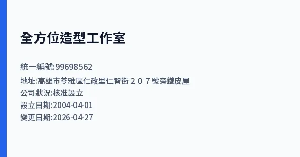 全方位造型工作室的照片-統編 99698562(高雄市) 公司登記資料與營業項目詳細圖表