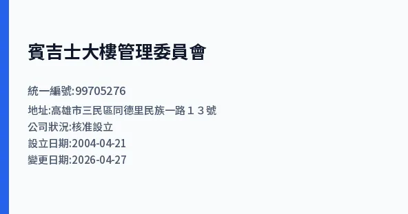 賓吉士大樓管理委員會的照片-統編 99705276(高雄市) 公司登記資料與營業項目詳細圖表