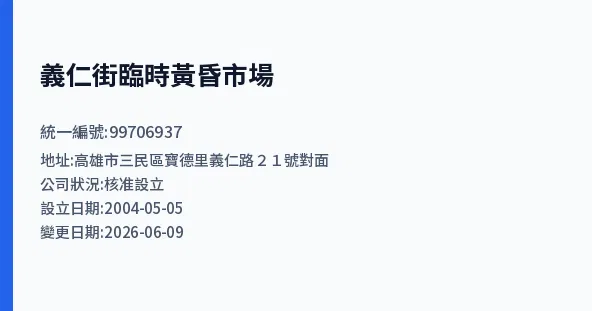 義仁街臨時黃昏市場的照片-統編 99706937(高雄市) 公司登記資料與營業項目詳細圖表