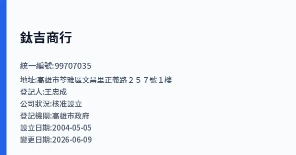 鈦吉商行的照片-統編 99707035(高雄市) 公司登記資料與營業項目詳細圖表
