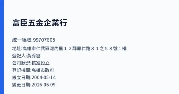 富臣五金企業行的照片-統編 99707605(高雄市) 公司登記資料與營業項目詳細圖表