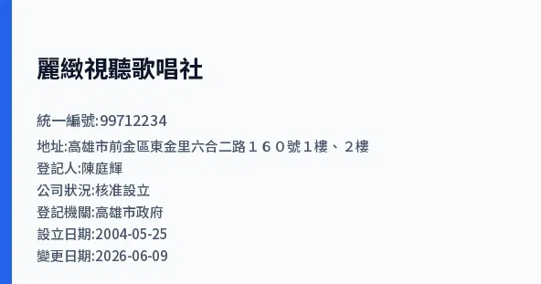 麗緻視聽歌唱社的照片-統編 99712234(高雄市) 公司登記資料與營業項目詳細圖表