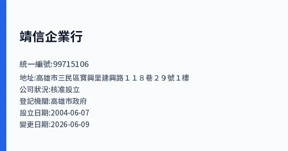 靖信企業行的照片-統編 99715106(高雄市) 公司登記資料與營業項目詳細圖表