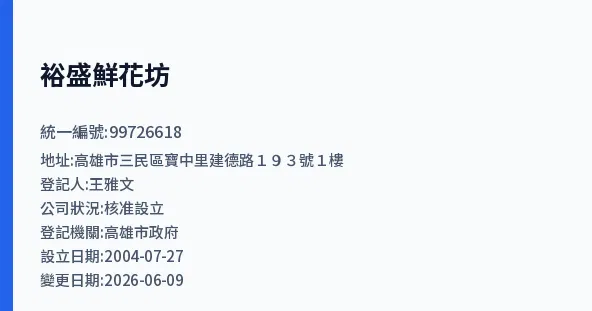 裕盛鮮花坊的照片-統編 99726618(高雄市) 公司登記資料與營業項目詳細圖表