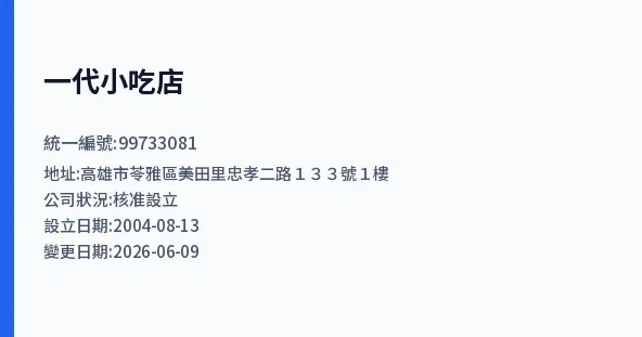 一代小吃店的照片-統編 99733081(高雄市) 公司登記資料與營業項目詳細圖表