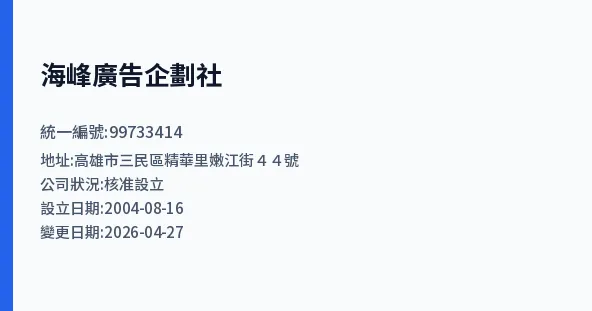 海峰廣告企劃社的照片-統編 99733414(高雄市) 公司登記資料與營業項目詳細圖表
