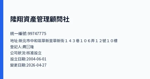 隆翔資產管理顧問社的照片-統編 99747775(新北市) 公司登記資料與營業項目詳細圖表