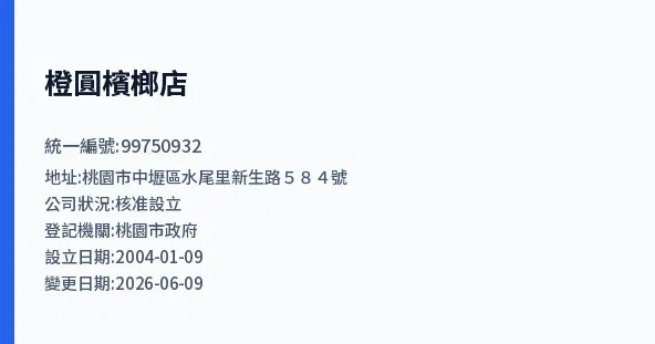 橙圓檳榔店的照片-統編 99750932(桃園市) 公司登記資料與營業項目詳細圖表