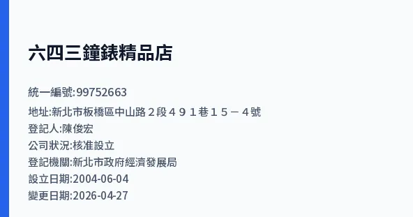 六四三鐘錶精品店的照片-統編 99752663(新北市) 公司登記資料與營業項目詳細圖表