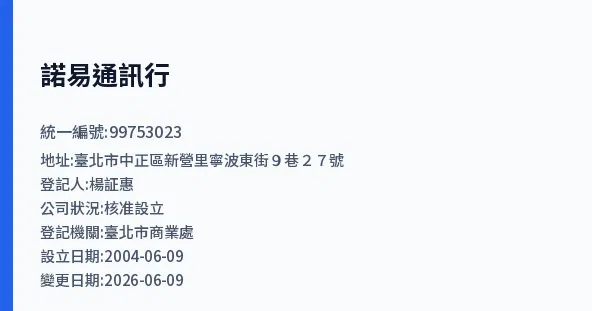 諾易通訊行的照片-統編 99753023(臺北市) 公司登記資料與營業項目詳細圖表