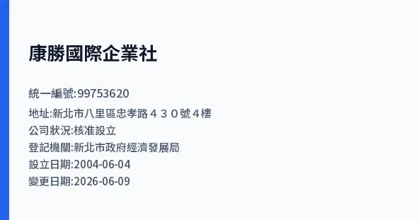 康勝國際企業社的照片-統編 99753620(新北市) 公司登記資料與營業項目詳細圖表