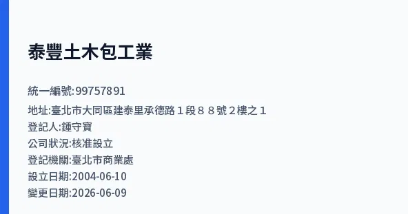 泰豐土木包工業的照片-統編 99757891(臺北市) 公司登記資料與營業項目詳細圖表