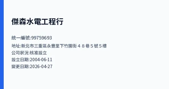 傑森水電工程行的照片-統編 99759693(新北市) 公司登記資料與營業項目詳細圖表