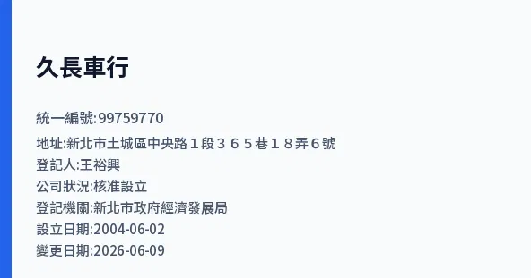 久長車行的照片-統編 99759770(新北市) 公司登記資料與營業項目詳細圖表
