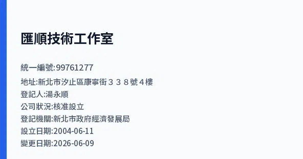 匯順技術工作室的照片-統編 99761277(新北市) 公司登記資料與營業項目詳細圖表