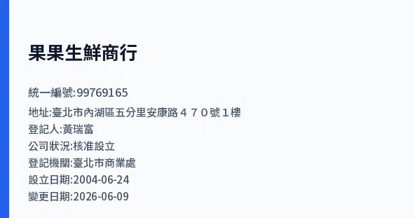 果果生鮮商行的照片-統編 99769165(臺北市) 公司登記資料與營業項目詳細圖表