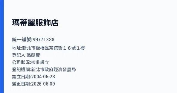 瑪蒂麗服飾店的照片-統編 99771388(新北市) 公司登記資料與營業項目詳細圖表