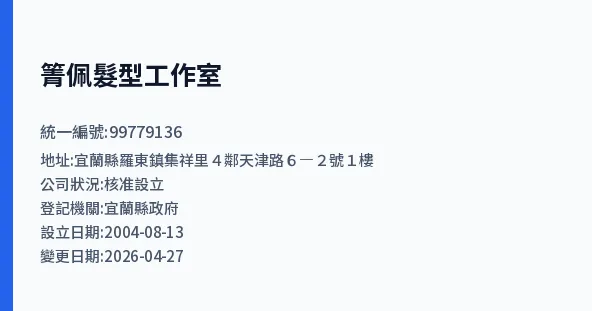 箐佩髮型工作室的照片-統編 99779136(宜蘭縣) 公司登記資料與營業項目詳細圖表
