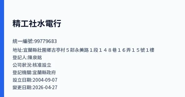 精工社水電行的照片-統編 99779683(宜蘭縣) 公司登記資料與營業項目詳細圖表